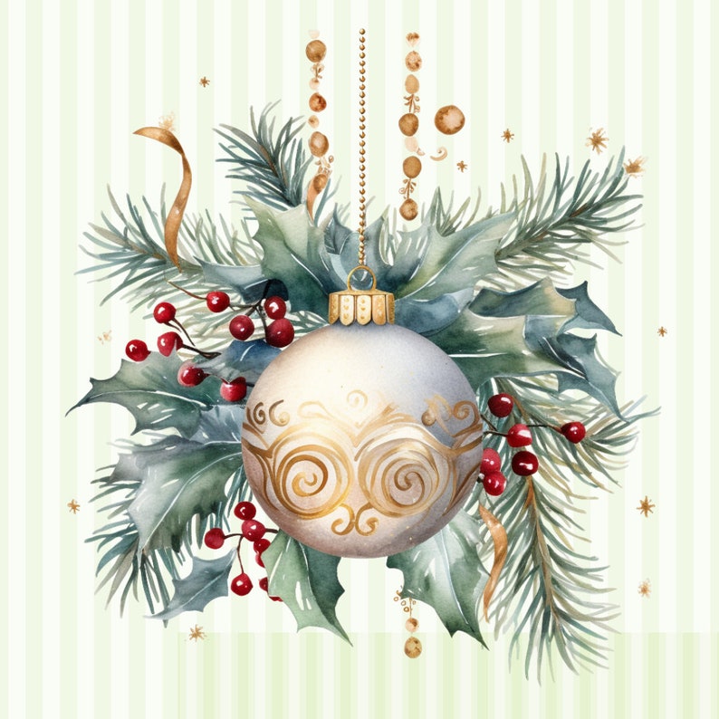 Watercolor Christmas Baubles Clipart PNG Bundle , Festive Holly Hanging ...