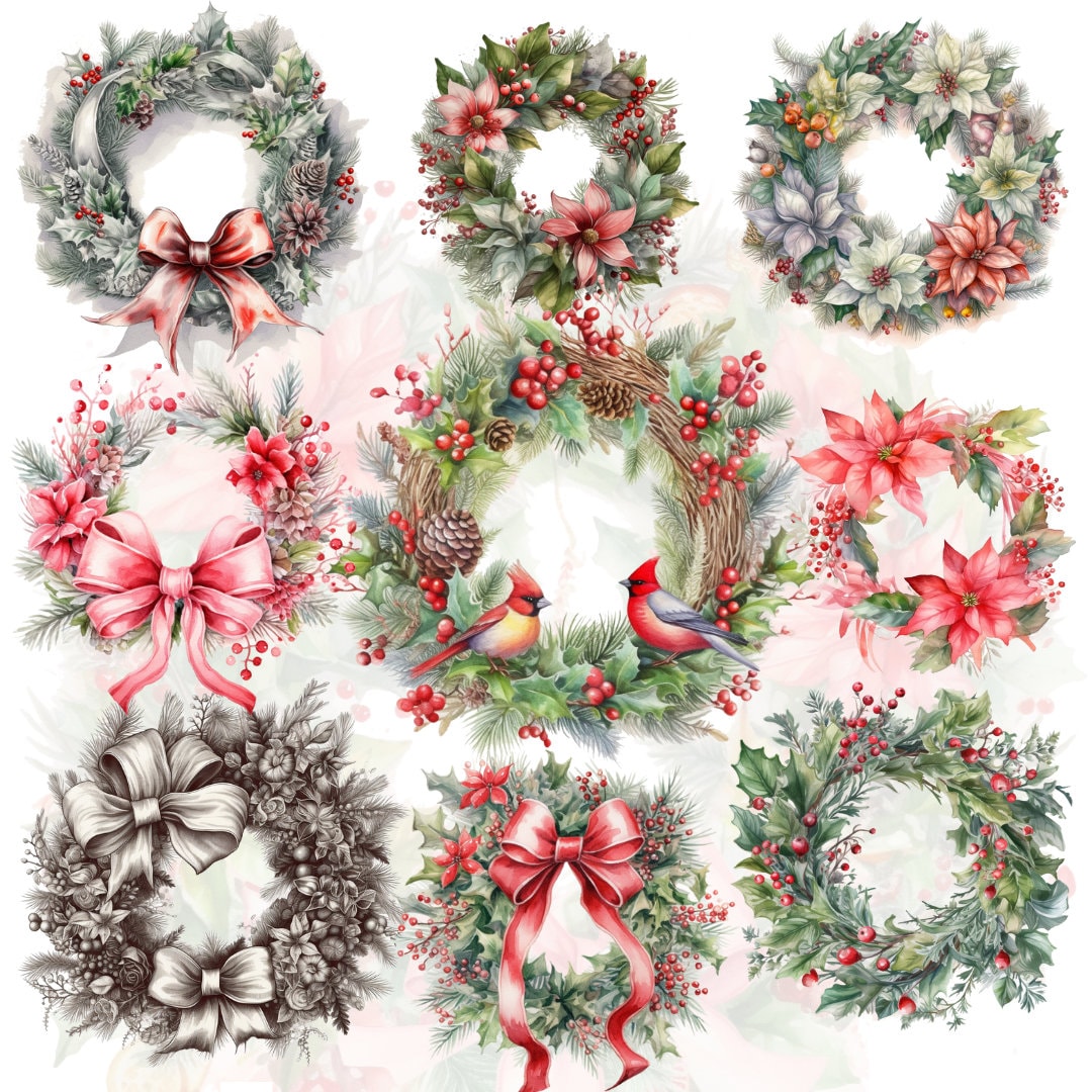 Christmas Wreath, Watercolor Clipart, Red and Green, 300 DPI, 25 Png ...