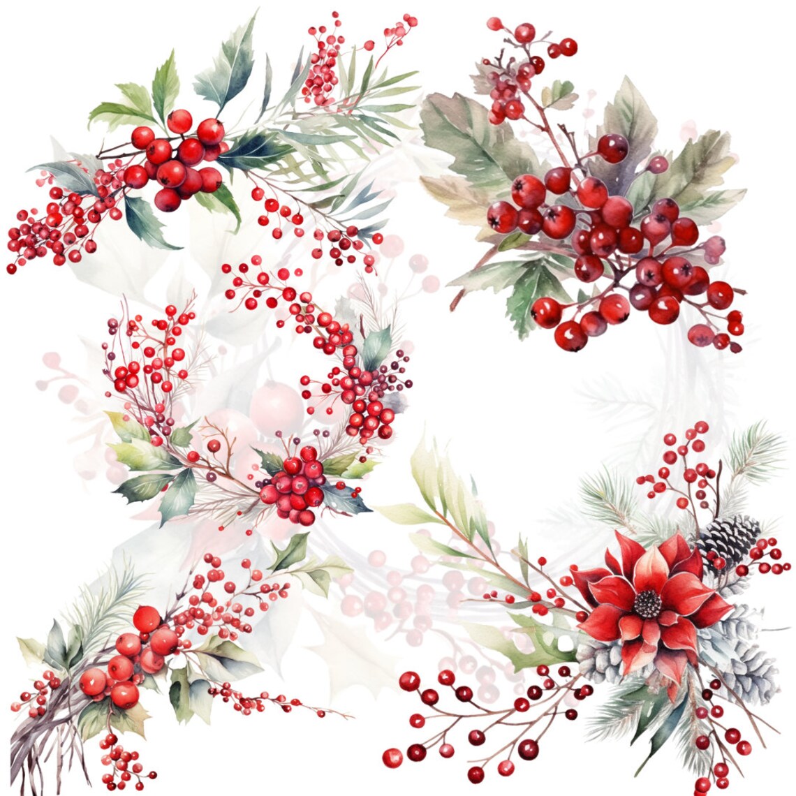 Winter Berry, Watercolor Clipart, Red Berry, Christmas Card, Card ...