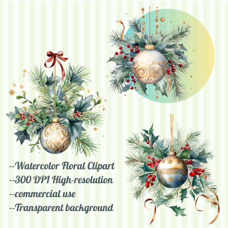 Watercolor Christmas Baubles Clipart PNG Bundle , Festive Holly Hanging ...