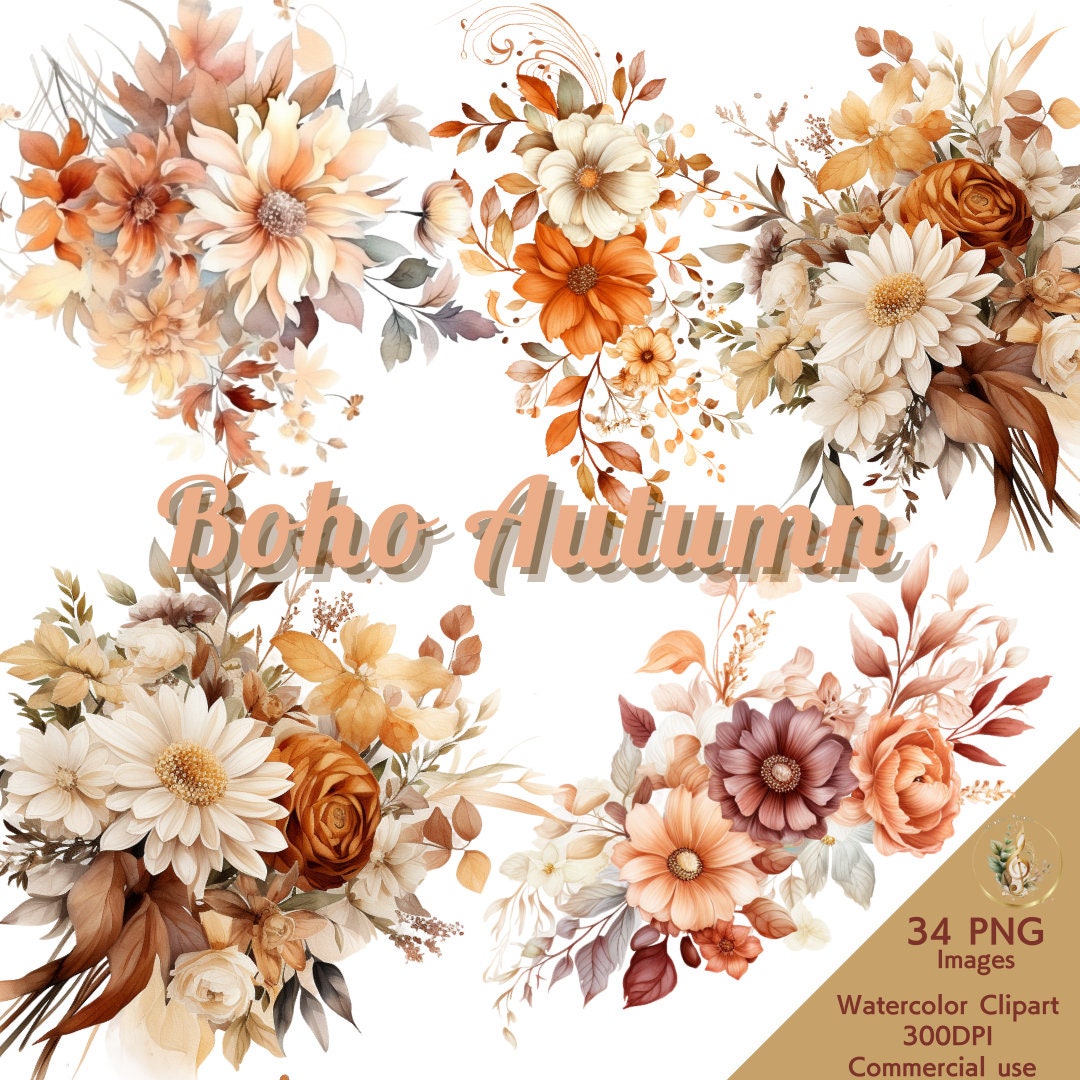 Boho Flower Clipart, Watercolor Fall Floral, PNG Format, Instant ...