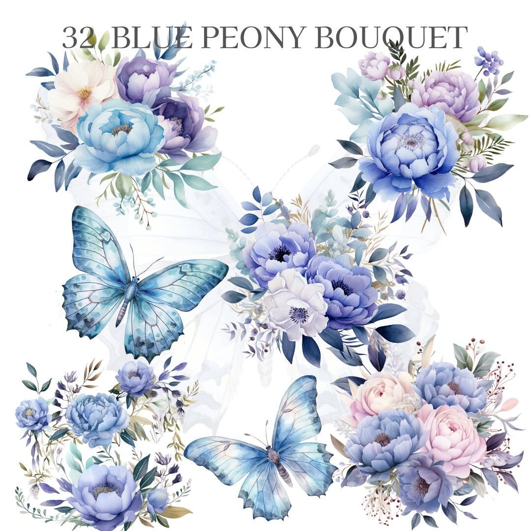 Blue Peony Clipart, Watercolor Peonia, Peonies Clipart, Flower Clipart ...