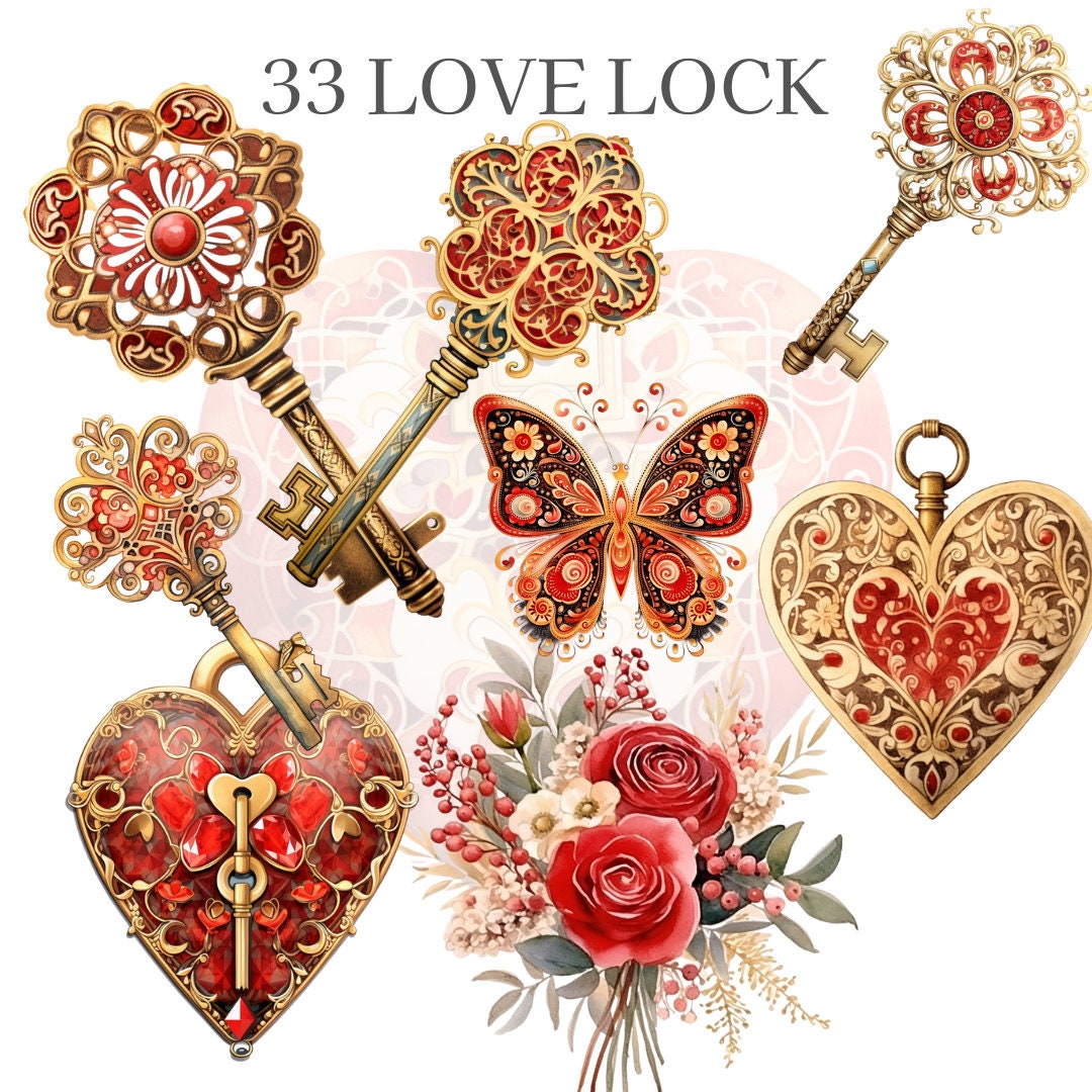 Valentine Heart Lock Clipart, Watercolor Valentine's Day Heart-shaped ...