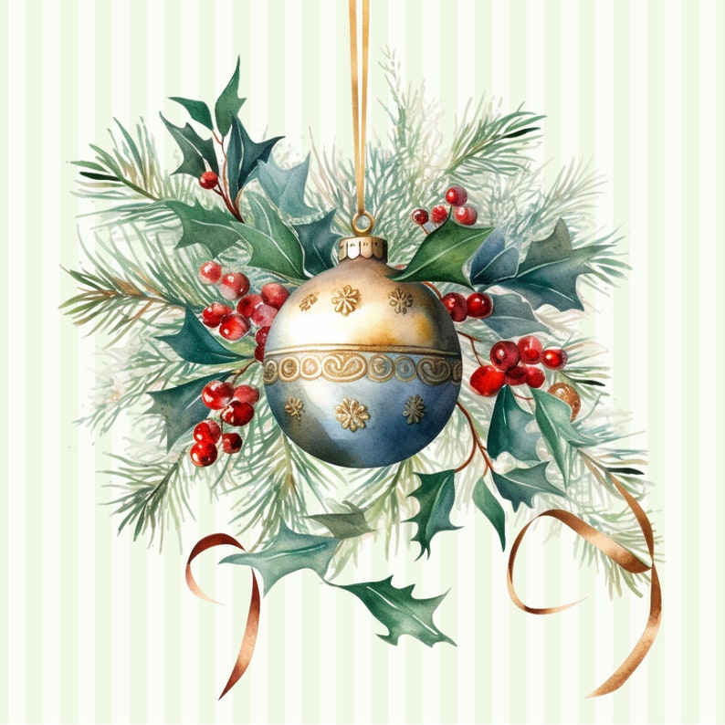 Watercolor Christmas Baubles Clipart PNG Bundle , Festive Holly Hanging ...
