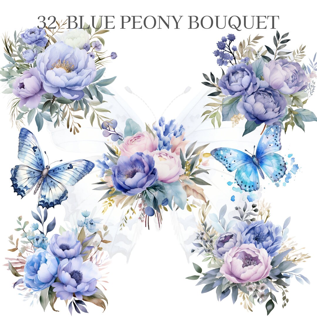 Blue Peony Clipart, Watercolor Peonia, Peonies Clipart, Flower Clipart ...