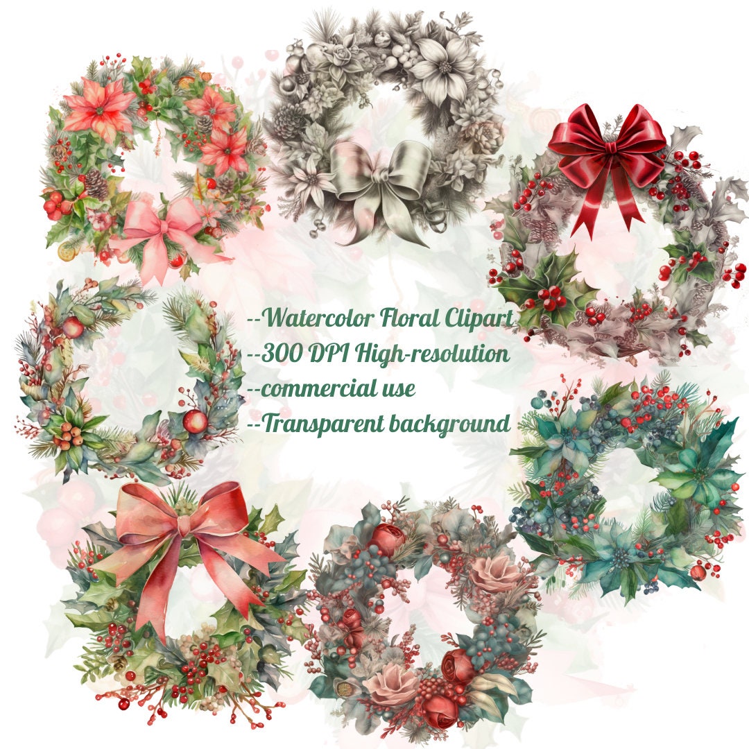 Christmas Wreath, Watercolor Clipart, Red and Green, 300 DPI, 25 Png ...