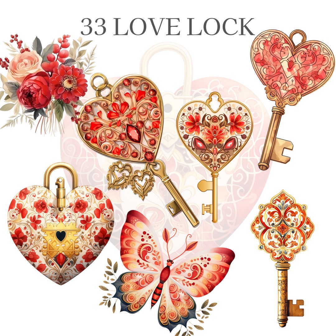 Valentine Heart Lock Clipart, Watercolor Valentine's Day Heart-shaped ...