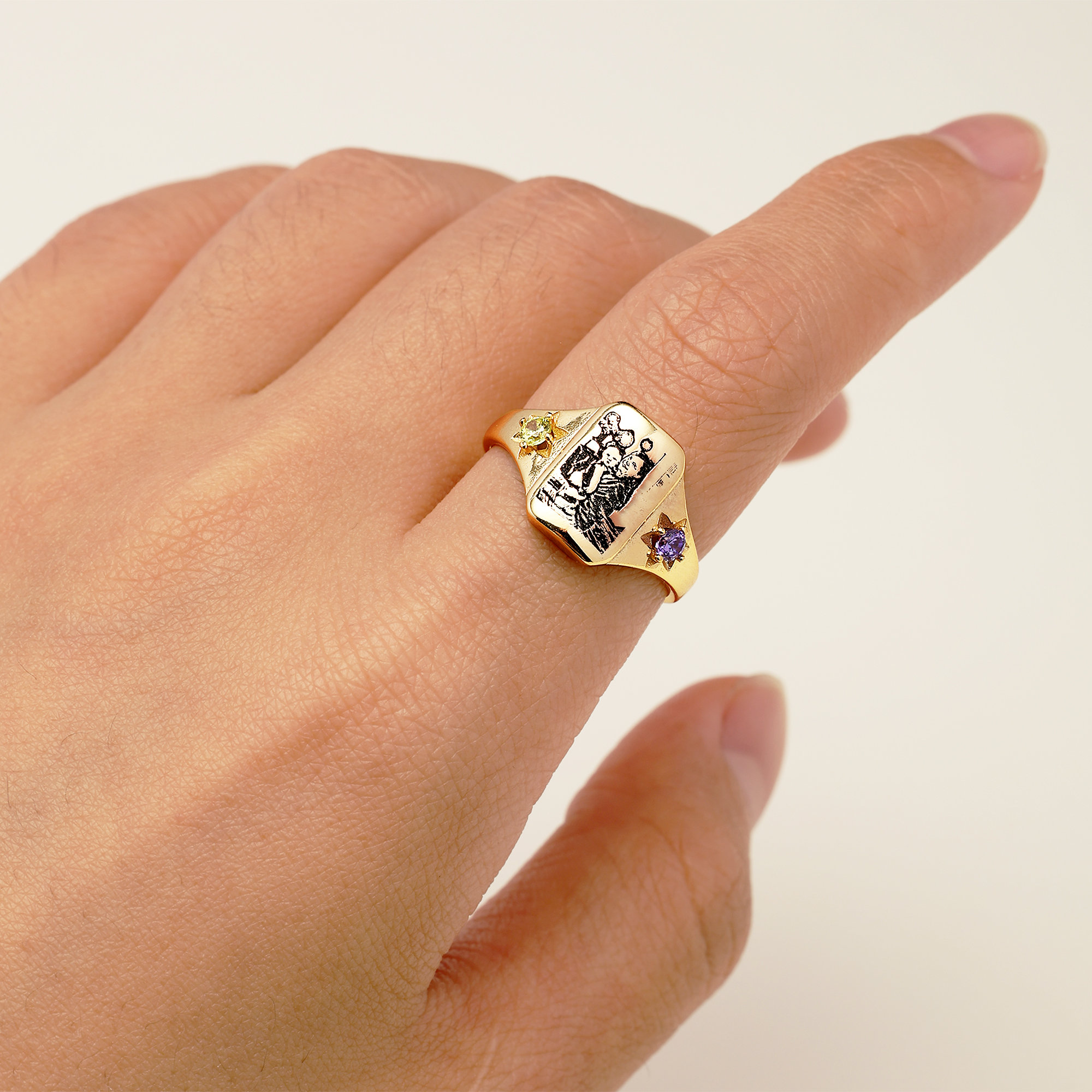 Custom Portrait Birthstone Ring, Personalized Photo Ring, Engraved ...