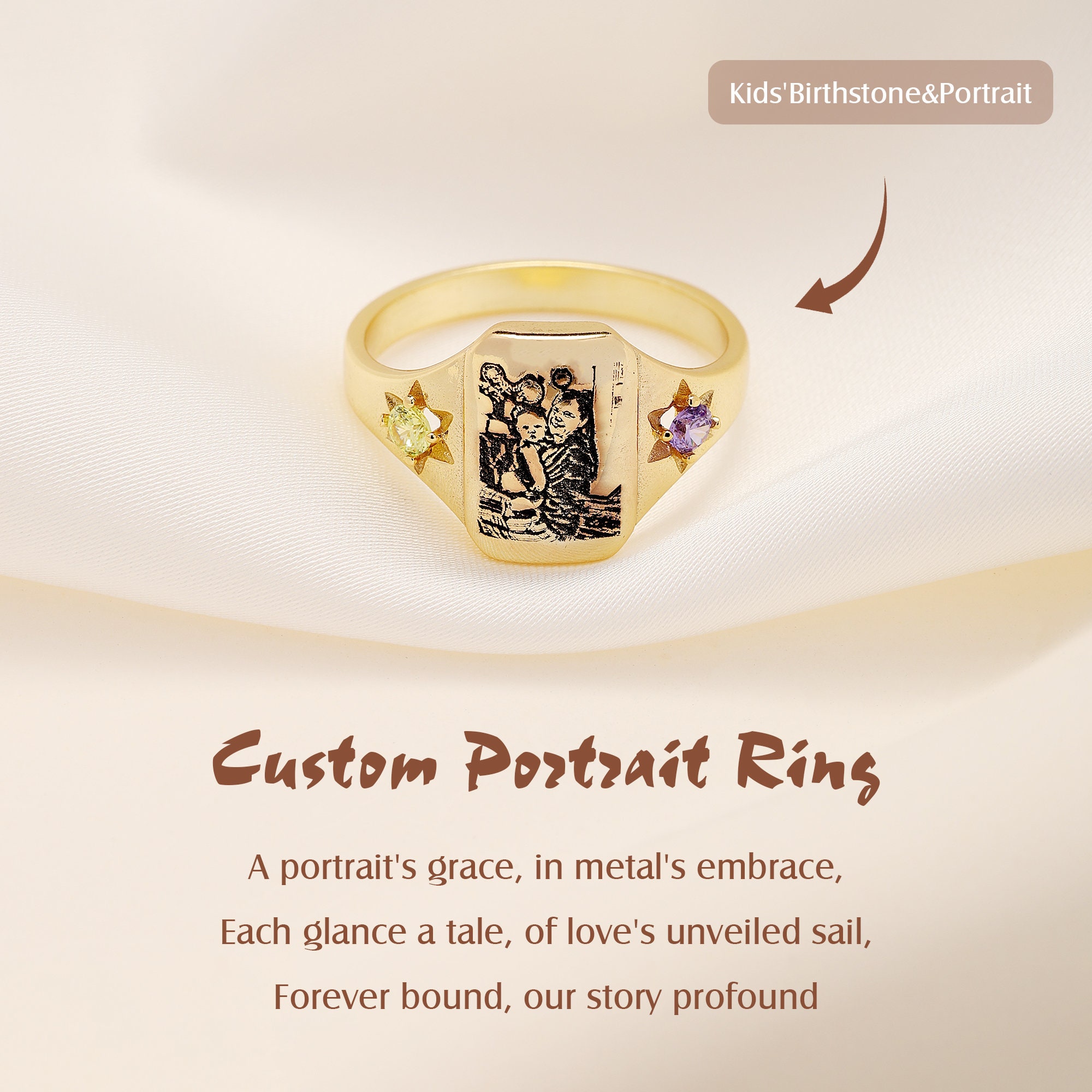 Custom Portrait Birthstone Ring, Personalized Photo Ring, Engraved ...