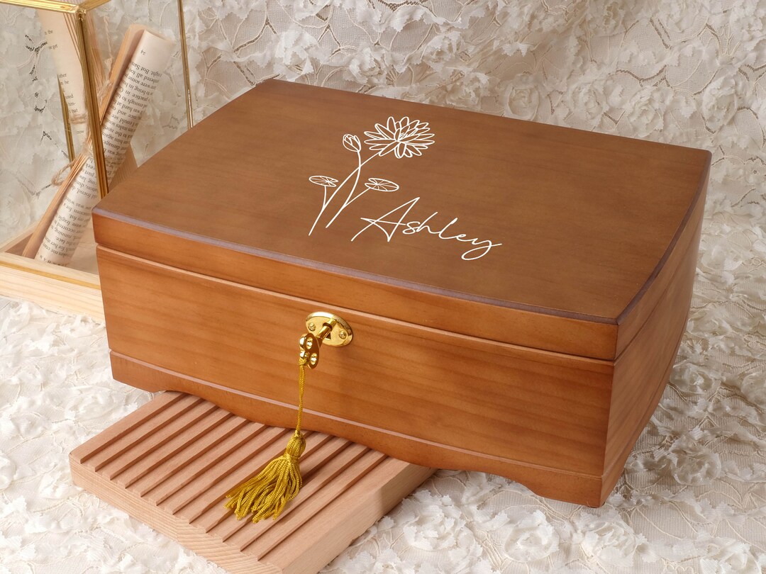 Personalized Wooden Jewelry Box for Women, Personalized Birth Flower ...