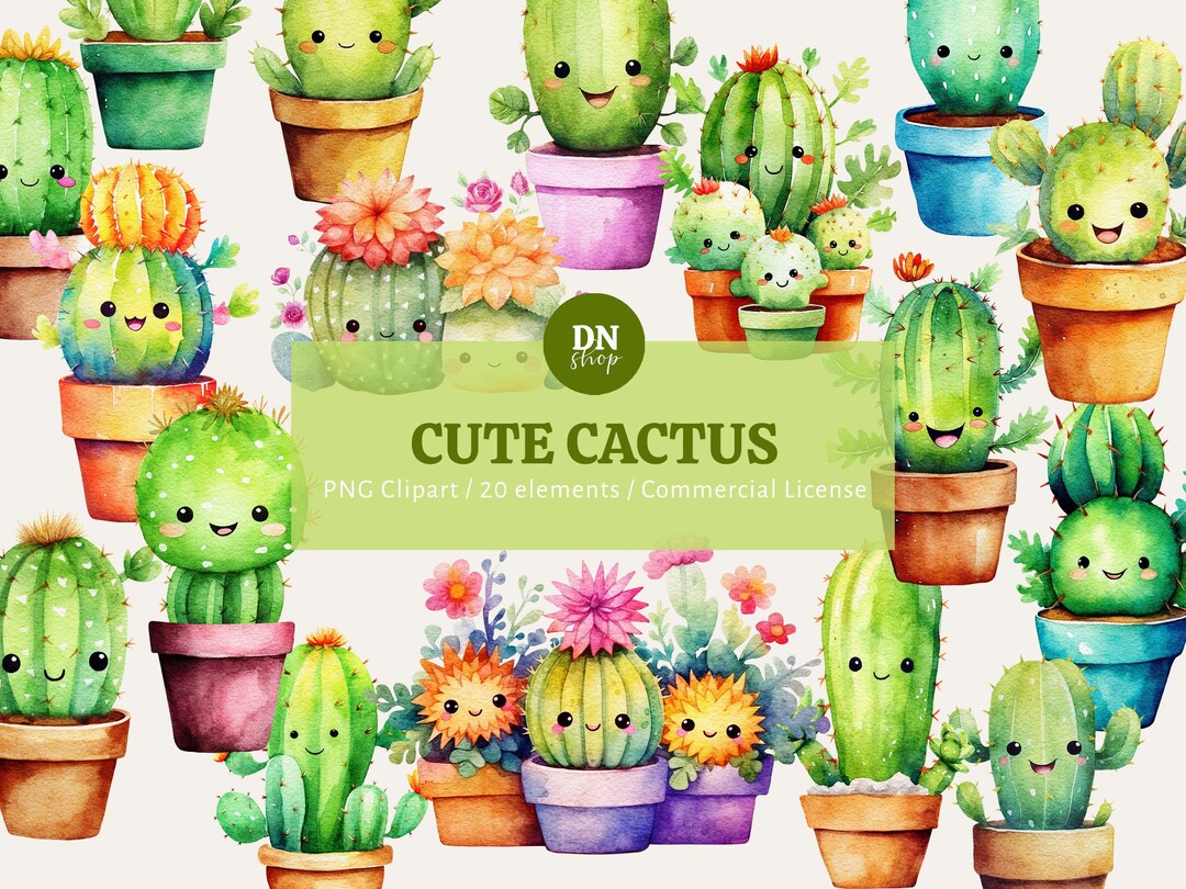 Watercolor Cute Cactus Png Clipart Bundle Instant Download - Etsy