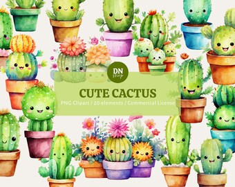 Watercolor Cute Cactus Clipart Bundle, Plants Clipart, Cute Cactus Png ...