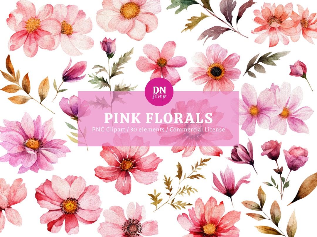 Pink Florals Watercolor Png Clipart Bundle Instant Download - Etsy