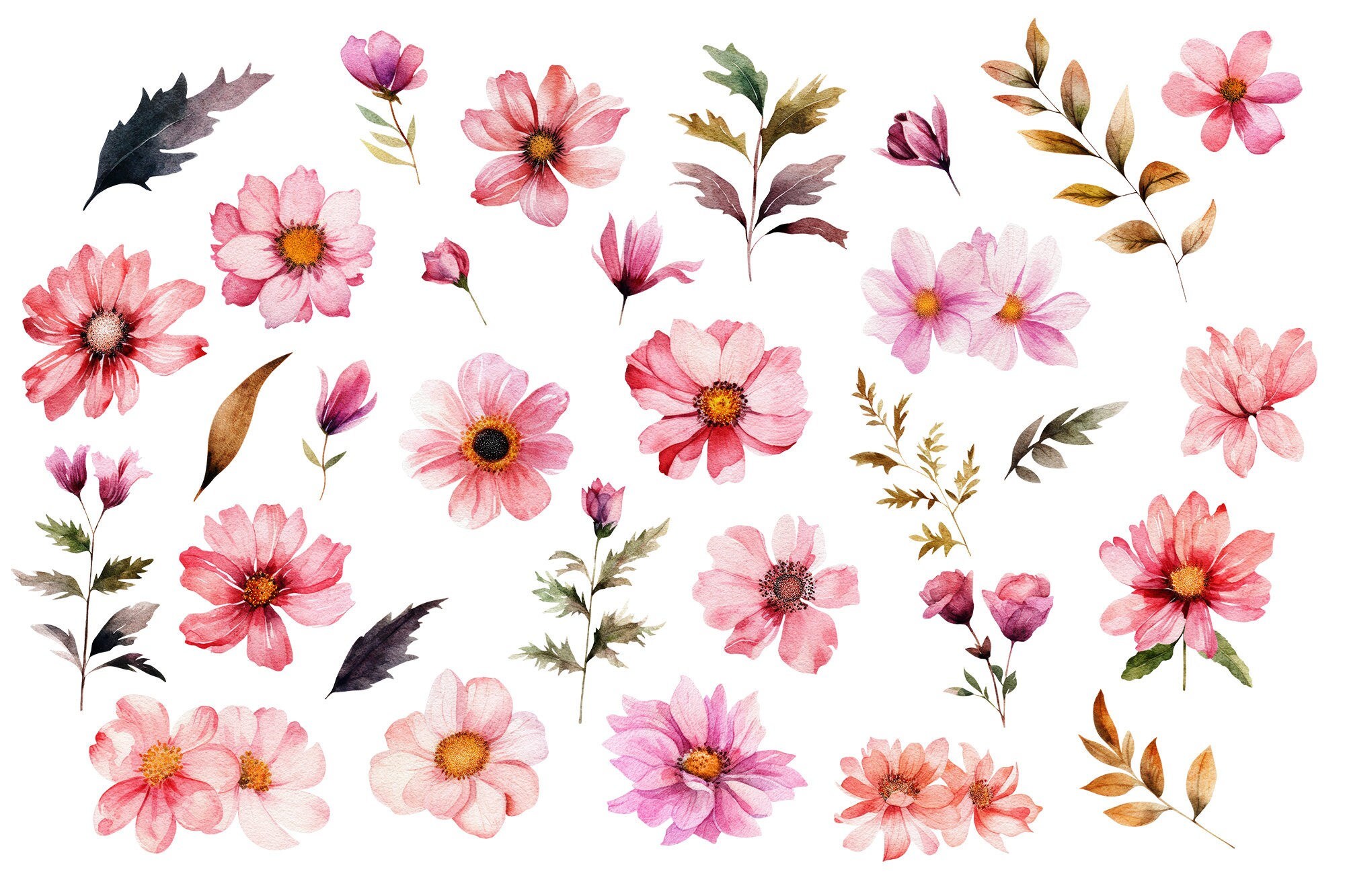Pink Florals Watercolor Png Clipart Bundle Instant Download - Etsy