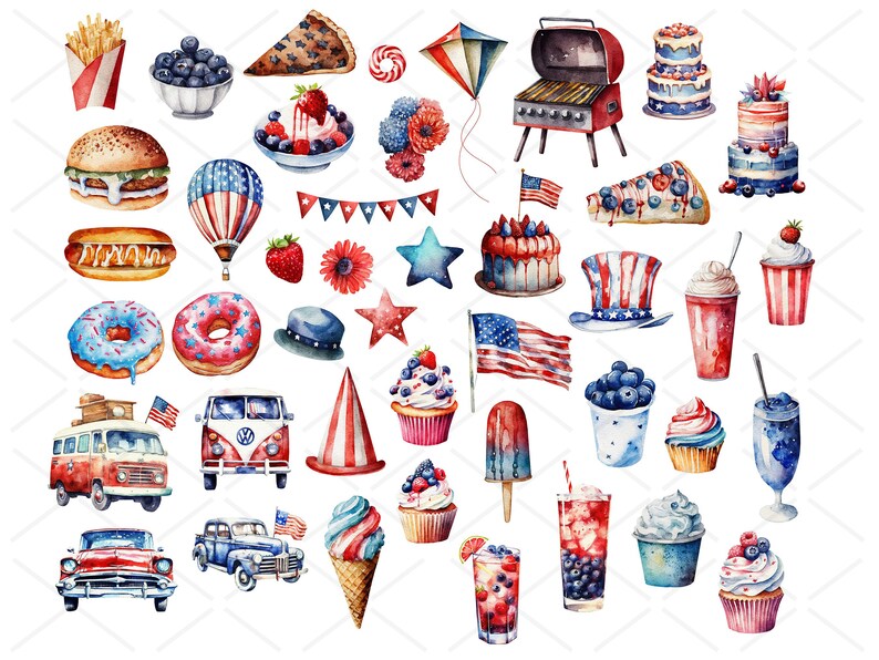 4th of July Watercolor Png Clipart Bundle - Etsy