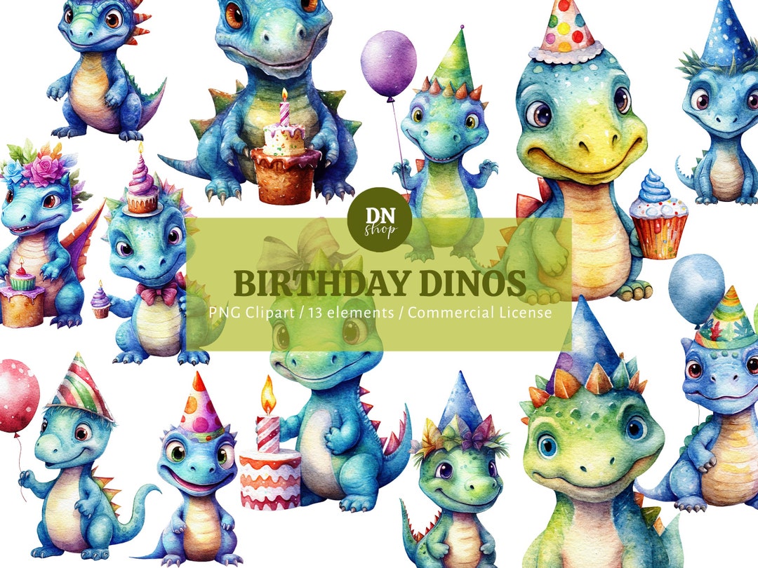 Baby Dinosaur Birthday Watercolor Png Clipart Bundle Instant Download ...