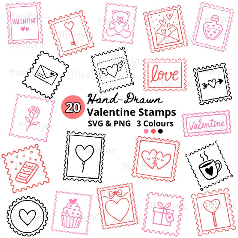 Hand Drawn Valentine Stamps SVG Bundle Cute Love Postage Clipart PNG ...