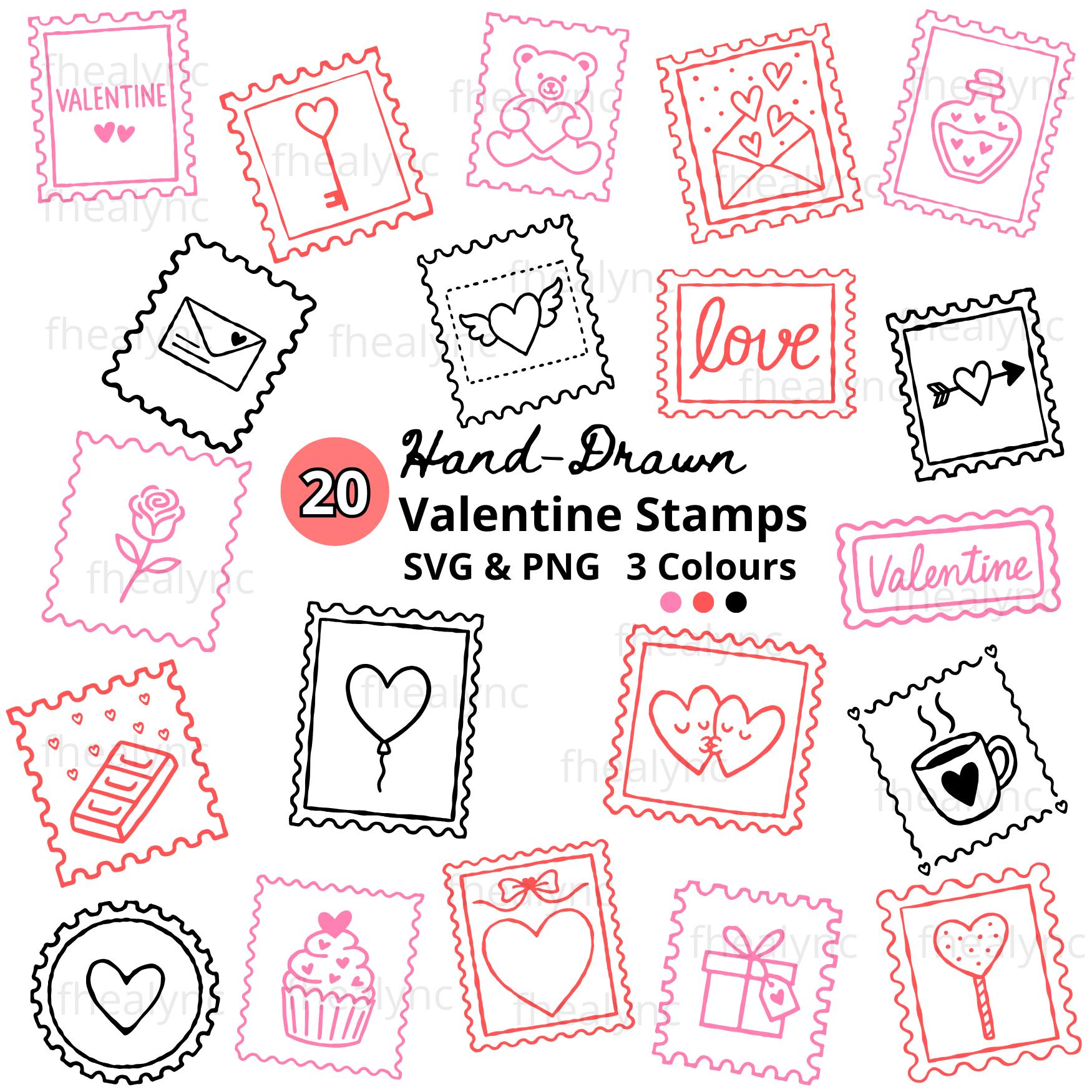 Hand Drawn Valentine Stamps SVG Bundle Cute Love Postage Clipart PNG ...