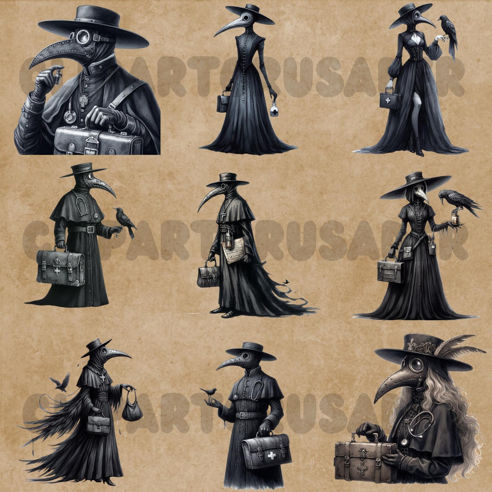 Watercolor Gothic Black Plague Doctor Clipart Bundle Medieval, Gothic ...
