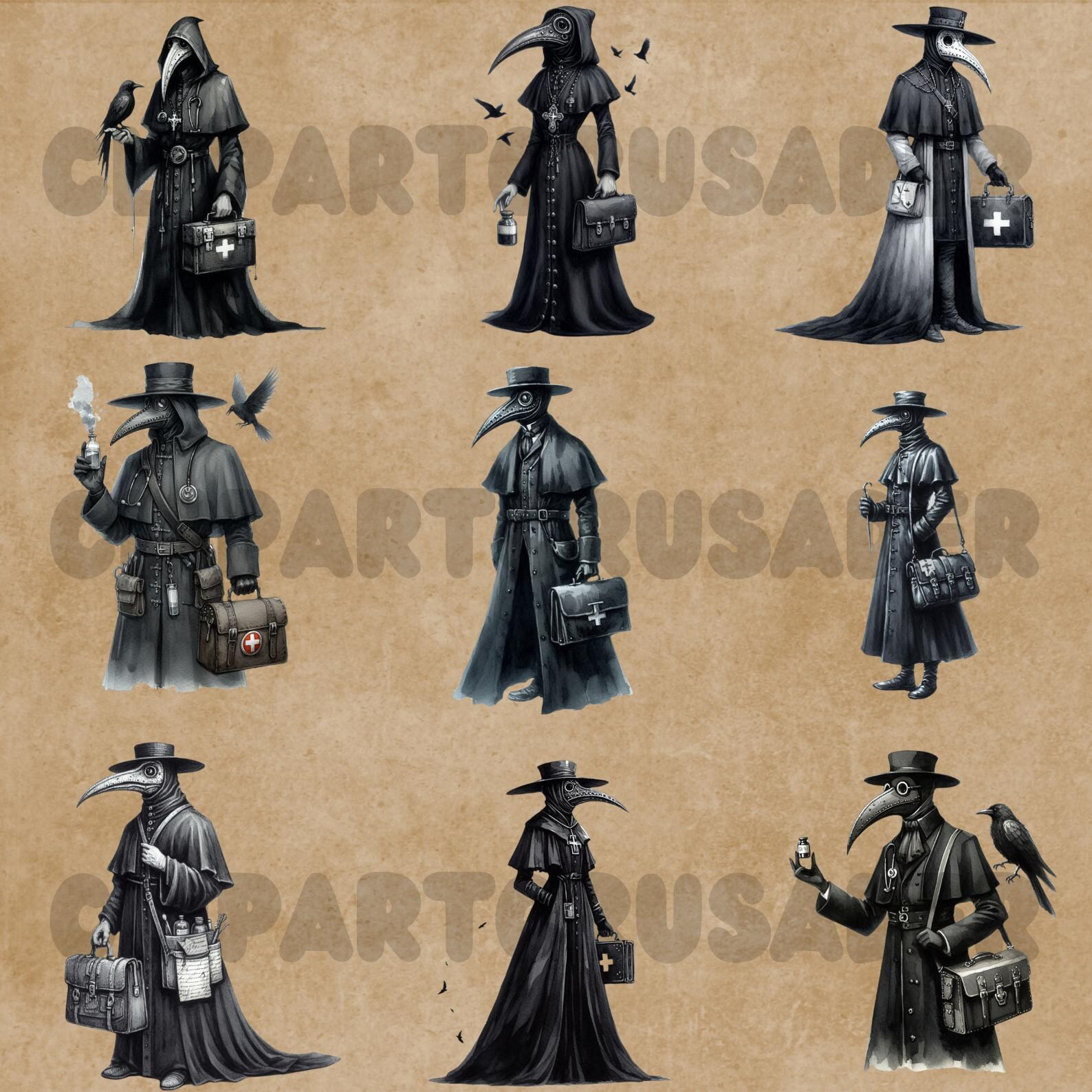 Watercolor Gothic Black Plague Doctor Clipart Bundle Medieval, Gothic ...