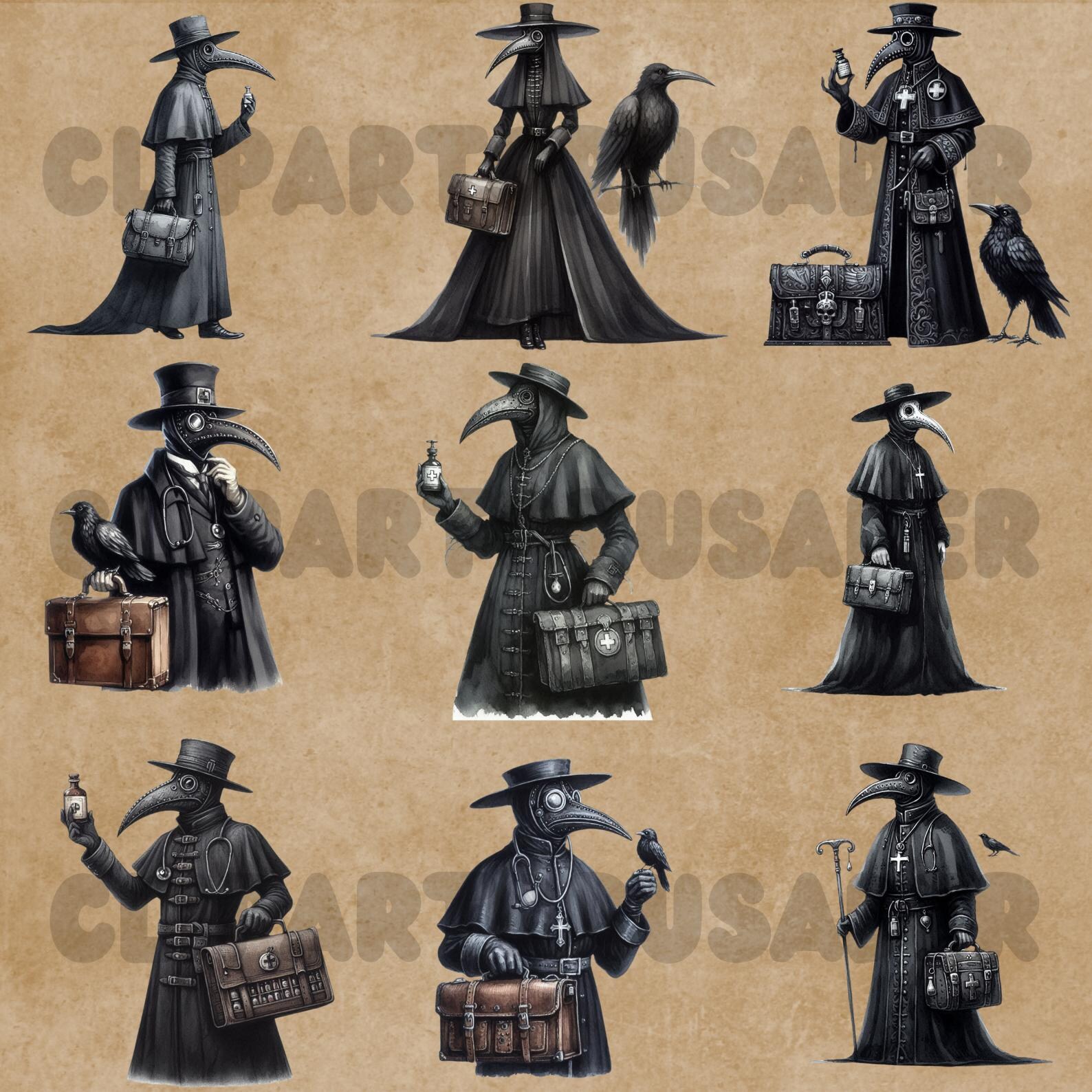 Watercolor Gothic Black Plague Doctor Clipart Bundle Medieval, Gothic ...