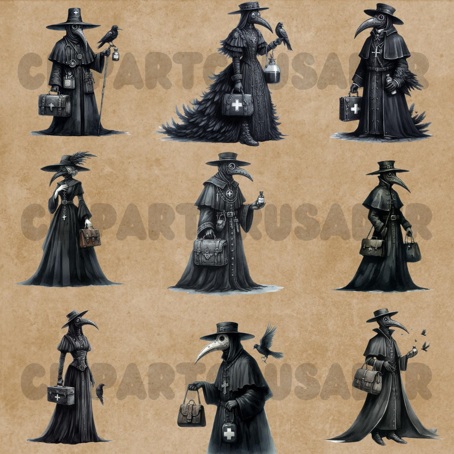 Watercolor Gothic Black Plague Doctor Clipart Bundle Medieval, Gothic ...