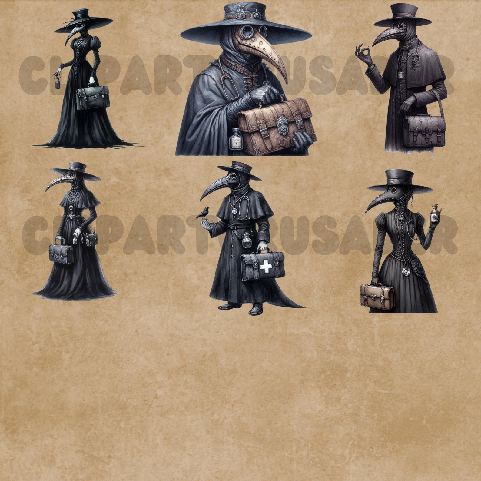 Watercolor Gothic Black Plague Doctor Clipart Bundle Medieval, Gothic ...