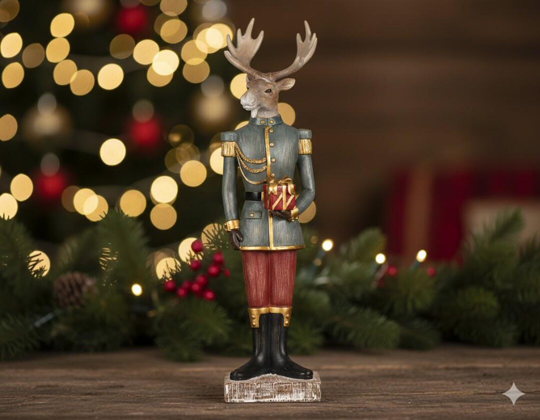 Soldier Uniform Reindeer Figurine With Gift - Christmas Holiday Decor ...