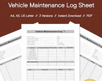 Vehicle Maintenance Log Printable, Vehicle Service Tracker, Vehicle ...