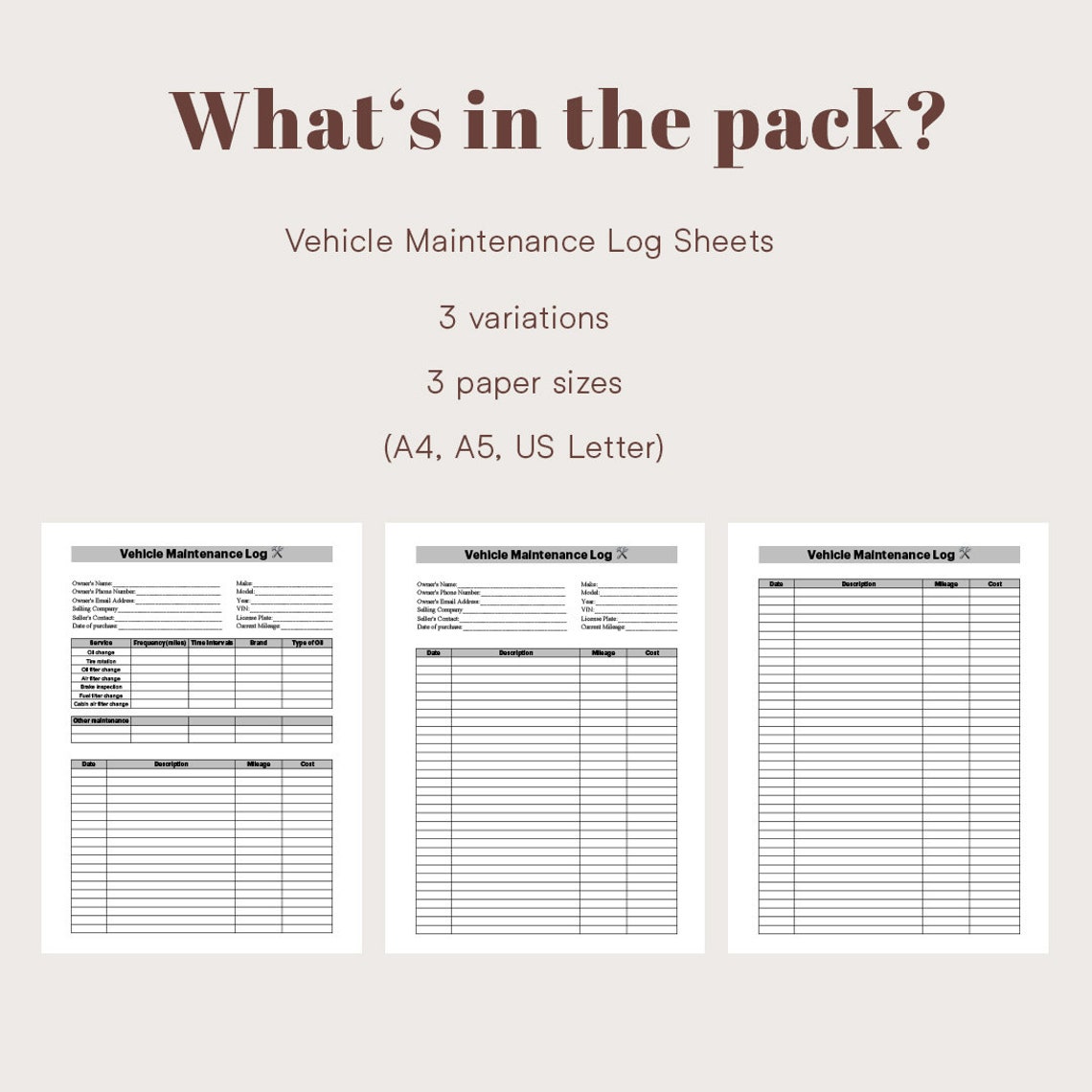Vehicle Maintenance Log Book, Car Maintenance Tracker Log Sheet, Car ...