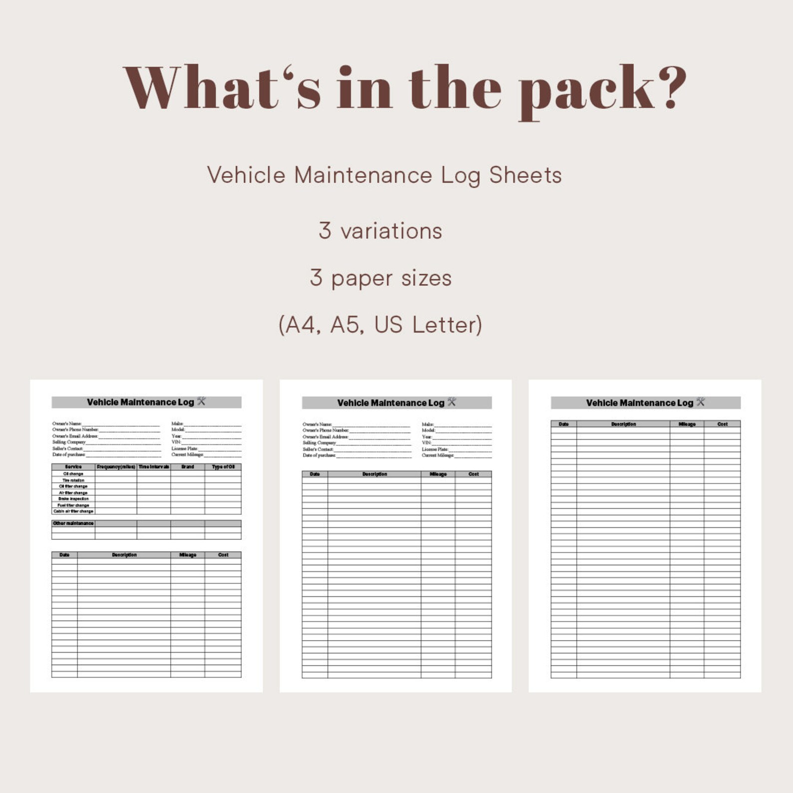 Vehicle Maintenance Log Book, Car Maintenance Tracker Log Sheet, Car ...