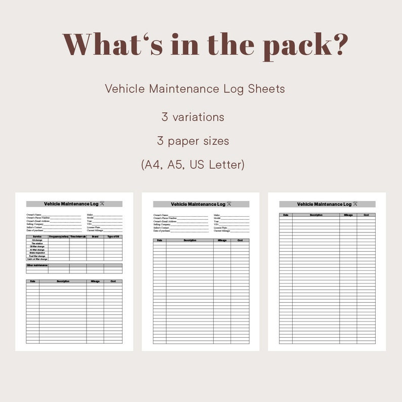 Vehicle Maintenance Log Book, Car Maintenance Tracker Log Sheet, Car ...