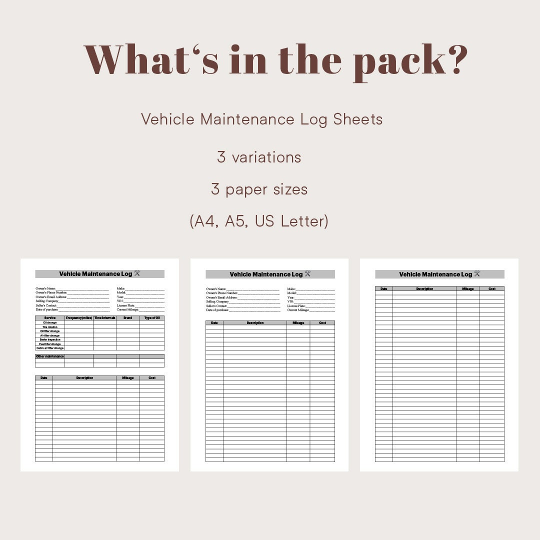 Vehicle Maintenance Log Book, Car Maintenance Tracker Log Sheet, Car ...