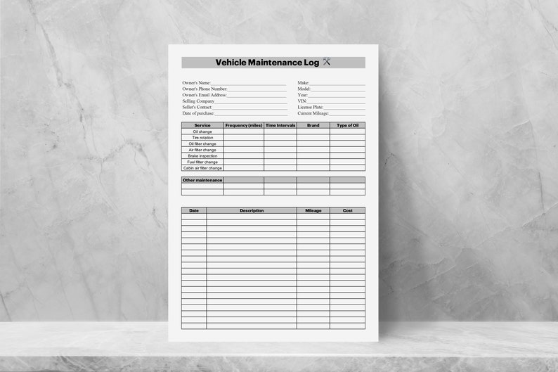 Vehicle Maintenance Log Book, Car Maintenance Tracker Log Sheet, Car ...