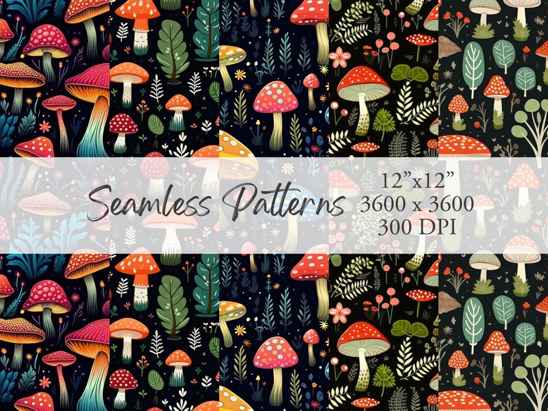 Whimsical Cute Mushroom Seamless Pattern Set (5) , Printable, Scrapbook ...
