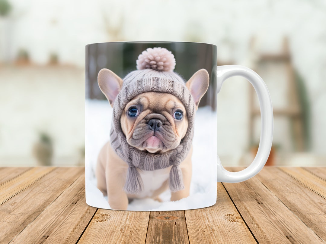 Cute Winter Frenchie With Woolly Knit Hat, 11oz and 15oz Mug Wrap ...