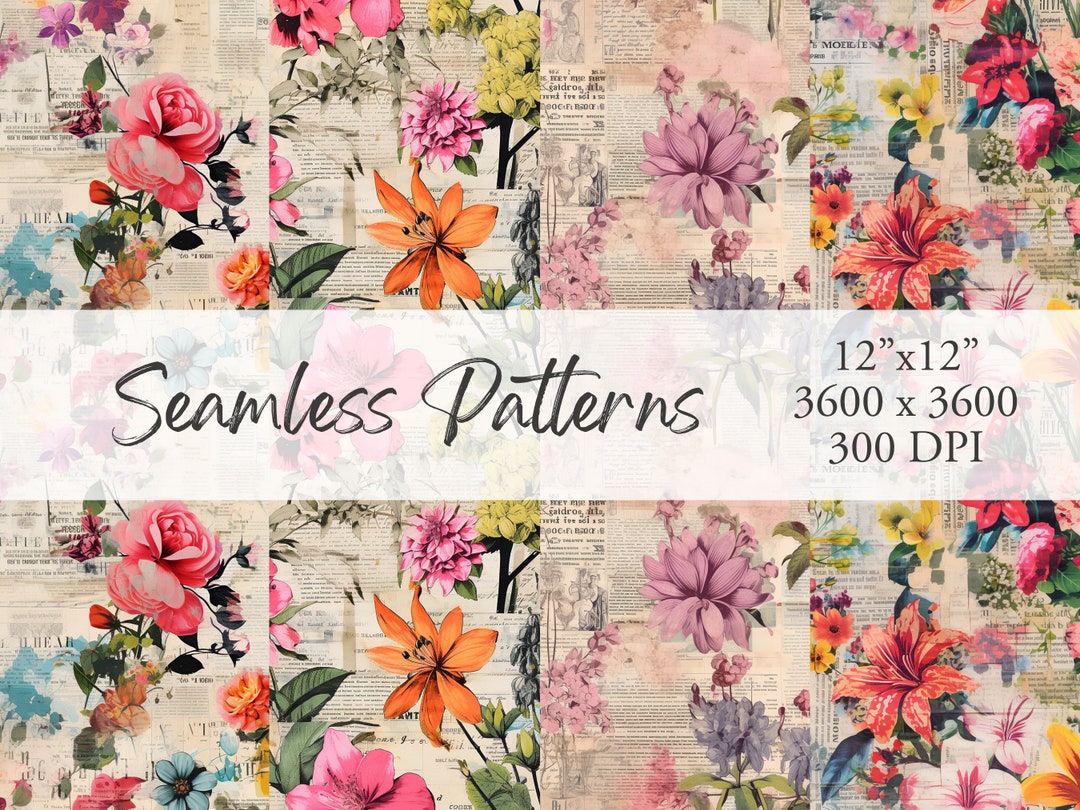 Floral and Newsprint Seamless Pattern Set 4 Printable - Etsy