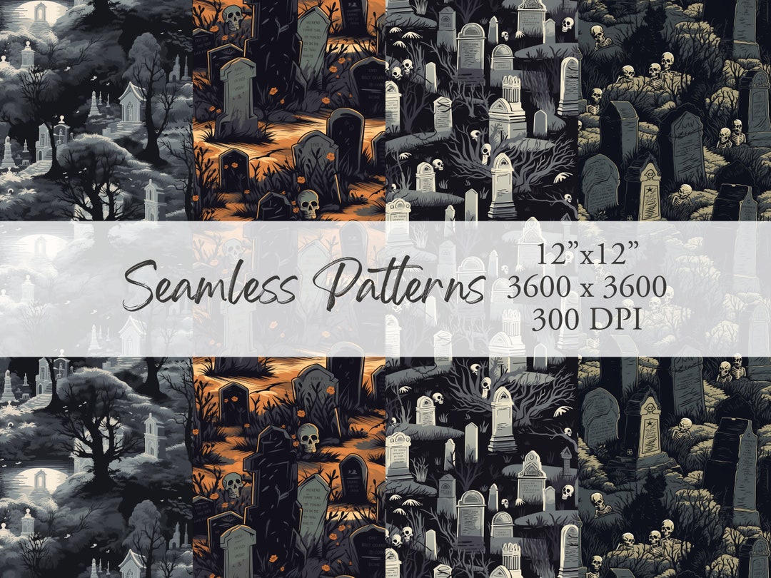 Halloween Cemetery Tombstone Seamless Pattern Set (4) , Printable ...