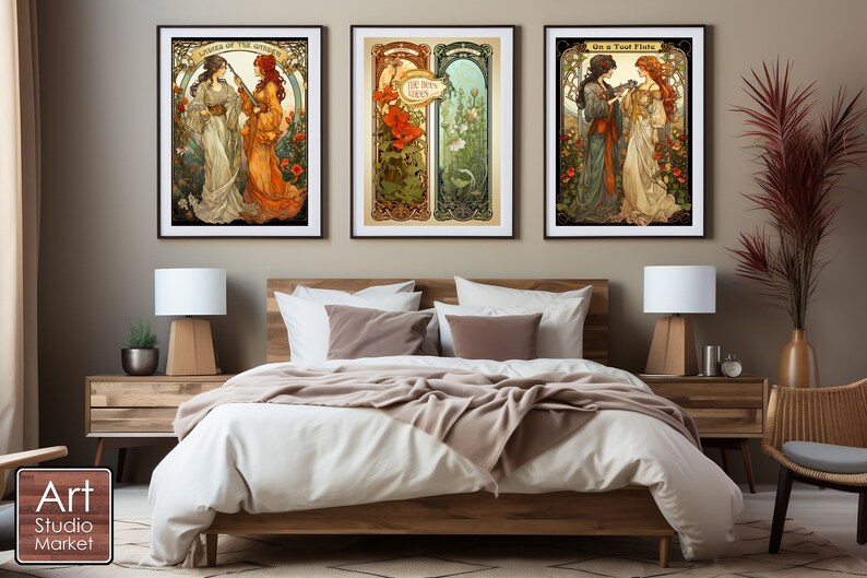 Art Nouveau Print Wall Art Triptych set of 3. Beautiful 1920's Art Nouveau Prints for Your Home ...