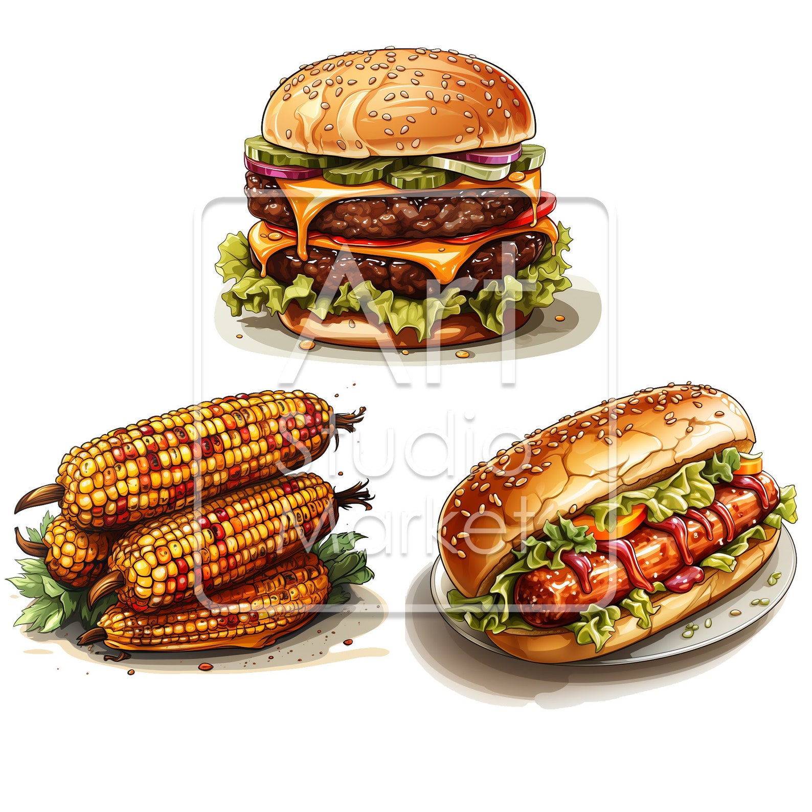 Summer Barbeque Party Clip Art, July 4th BBQ Food Clipart, Grill Food ...