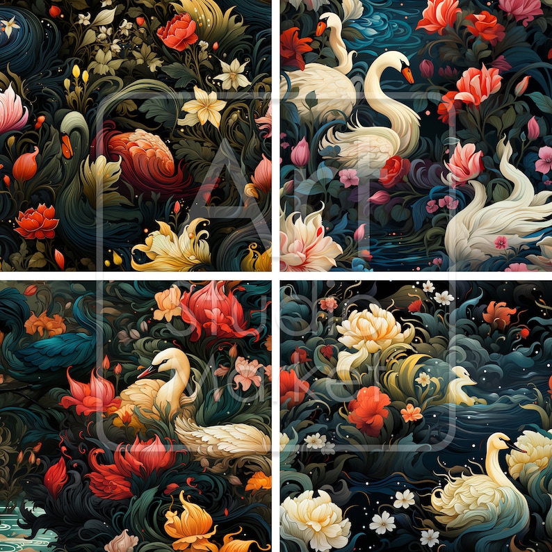 Art Nouveau Swans Digital Paper, Seamless Art Nouveau Swans & Flowers ...