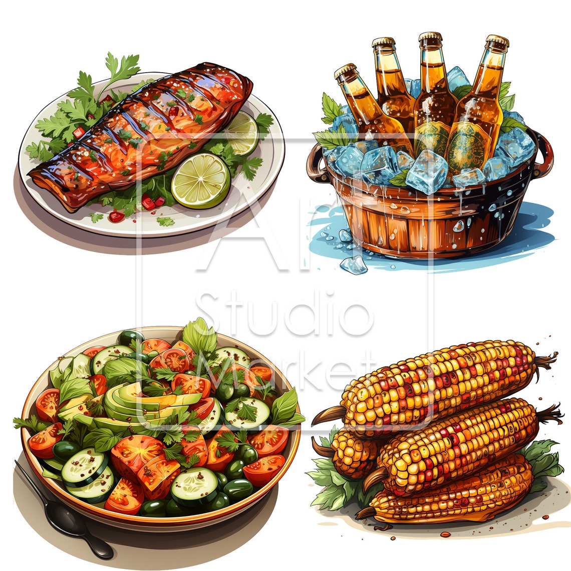 Summer Barbeque Party Clip Art, July 4th BBQ Food Clipart, Grill Food ...