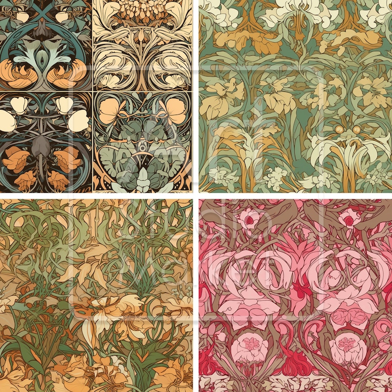 Art Nouveau Digital Paper, Seamless Art Nouveau Patterns in the Style ...