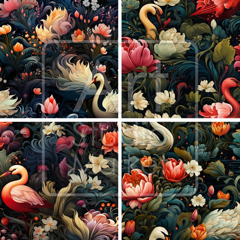 Art Nouveau Swans Digital Paper, Seamless Art Nouveau Swans & Flowers ...