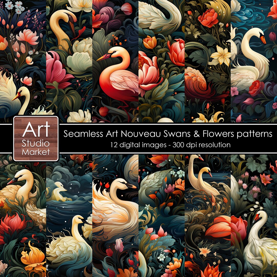 Art Nouveau Swans Digital Paper, Seamless Art Nouveau Swans & Flowers ...