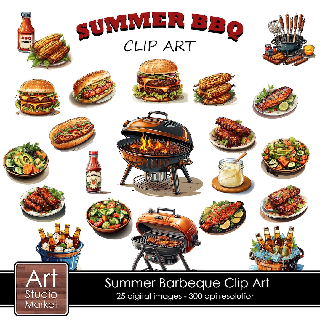 Summer Barbeque Party Clip Art, July 4th BBQ Food Clipart, Grill Food ...