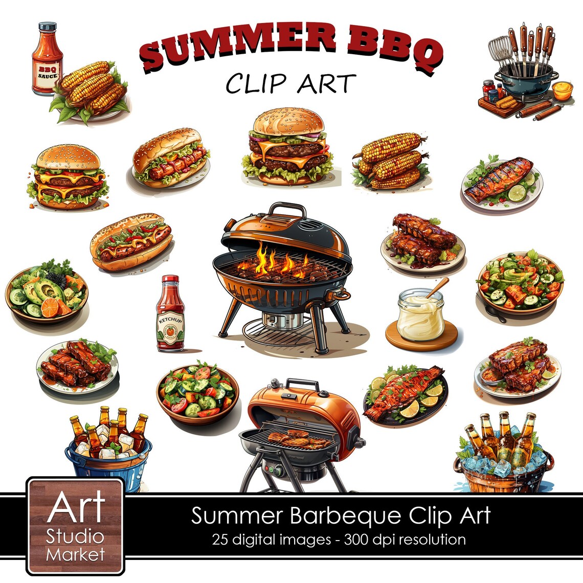 Summer Barbeque Party Clip Art, July 4th BBQ Food Clipart, Grill Food ...