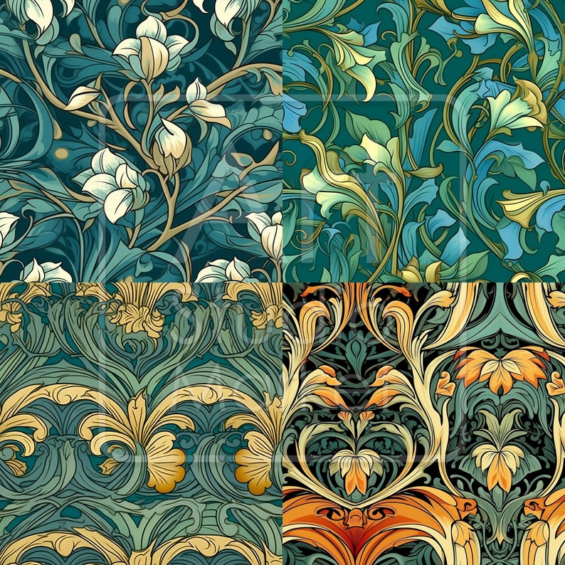 Art Nouveau Digital Paper, Seamless Art Nouveau Patterns for Printable ...