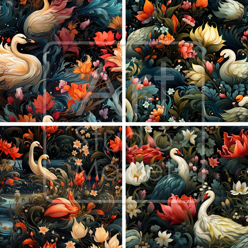 Art Nouveau Swans Digital Paper, Seamless Art Nouveau Swans & Flowers ...