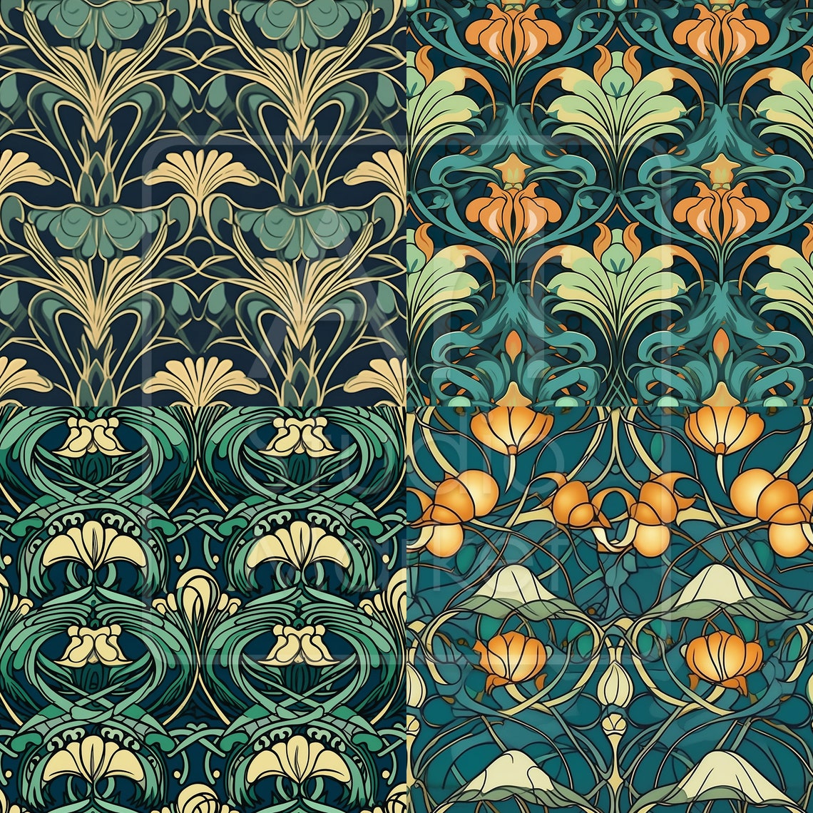 Art Nouveau Digital Paper, Seamless Art Nouveau Patterns for Printable ...